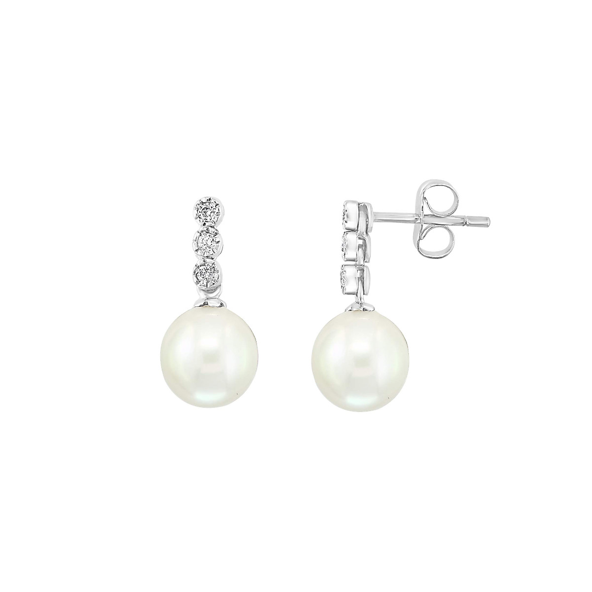 14K White Gold 0.09ctw Diamond & 8mm-8.5mm AAAA Round White Freshwater Cultured Pearl Stacked Bezels Drop Stud Earrings (G-H Color, SI2-I1 Clarity)