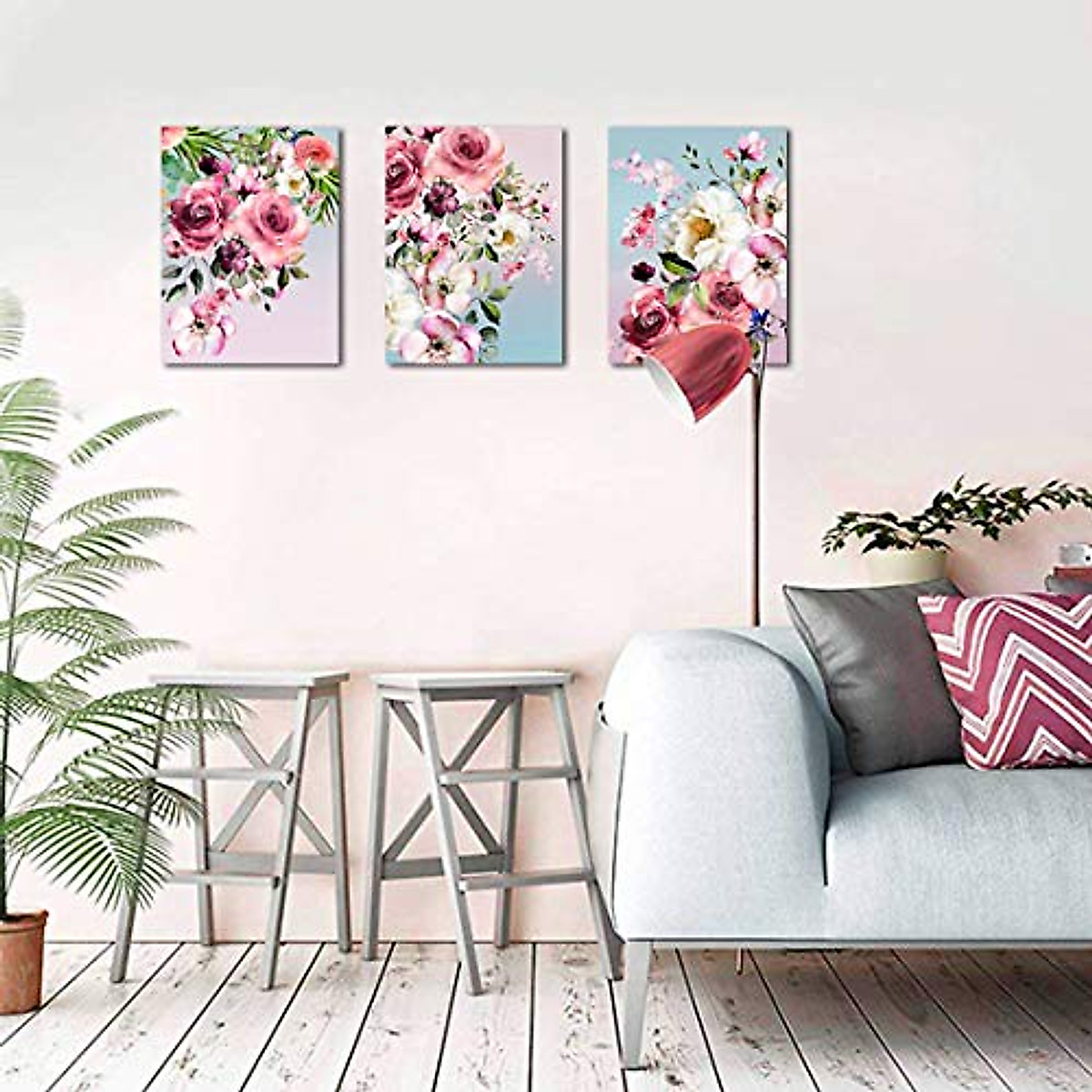 Flower Canvas Wall Art for Bedroom Woman Wall Decor Pink White Flowers Picture 3 Piece Framed Artwork Modern Plant Floral Canvas Prints for Kitchen Home Bathroom Girls Room Wall Decoration 12"x16"