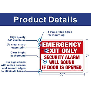 Emergency Exit Only - Security Alarm Will Sound If Door Is Opened Sign, 2 Pack, 10 x 7 inch .40 Rust Free Aluminum, UV Protected, Weather Resistant, Waterproof, Durable Ink, Easy to install