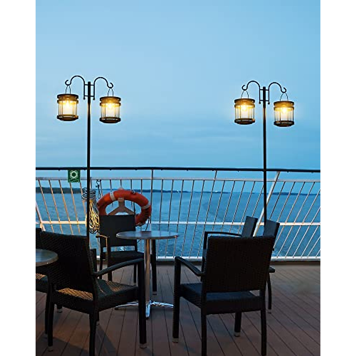 Solar Outdoor Floor Lamp with 2 Hanging Lanterns JACKYLED Solar Landscape Floor Lamp with Shepherd Hook Pole 61'' Tall, IP65 Waterproof Metal Solar Outdoor Lights for Garden Patio Porch Deck Yard Path