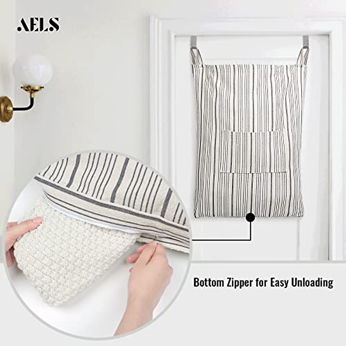 AELS Farmhouse Hanging Laundry Hamper with 2 Hooks, Washable Beige & Stripes Linen Laundry Bag with Zipper & Wide Open Top, Over the Door Organizer for Dirty Clothes, Space Saving Storage