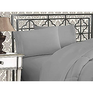 Elegant Comfort Luxurious 1500 Premium Hotel Quality Microfiber Three Line Embroidered Softest 5-Piece Bed Sheet Set, Wrinkle and Fade Resistant, Split King, Silver-Light Grey