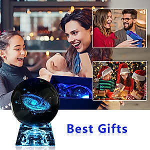 FTYTEK 3D Galaxy Crystal Ball Night Lamp, Clear 80mm (3.15 inch) Galaxy Glass Ball with Colorful LED Base, Best Birthday Gift for Kids, Teacher of Physics, Girlfriend Gift, Classmates and Kids Gift