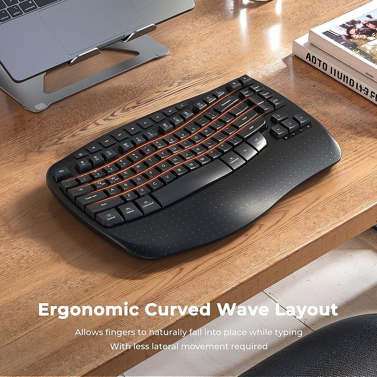 Meetion Master Wave Keys Ergonomic Wireless Keyboard, 2.4G Wireless/Bluetooth Split Keyboard with Wrist Rest, Separate Mini Numeric Keypad for Financial Accounting, for Mac/Windows/Laptop/PC/Tablet ﻿