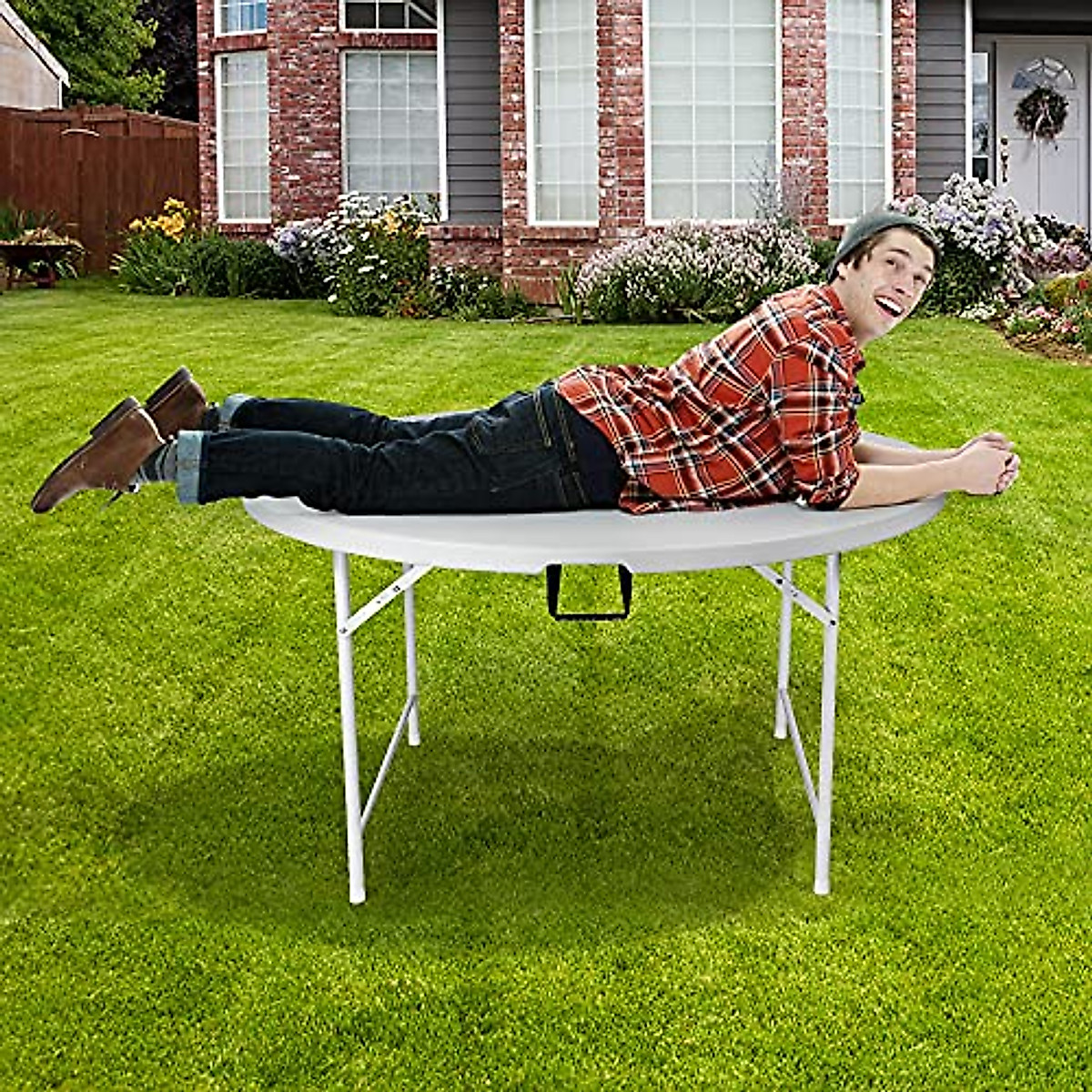 Vilobos Round Folding Table, 4.4-Foot 53” Dia Portable Plastic Table Comfortable for 6 to 8 Seat, Party Banquet Table for Conference Card Camping Wedding Dining Outdoor Picnic Family Festival Events