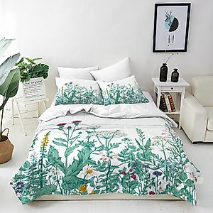 ANHOPE Flower Duvet Cover Set 3pcs Bedding Set with Green Leaf Floral Rustic Wildflower Botanical Print Pattern Soft Comforter Cover with 2 Pillow Shams All Season Quilt Cover with Zipper Queen Size