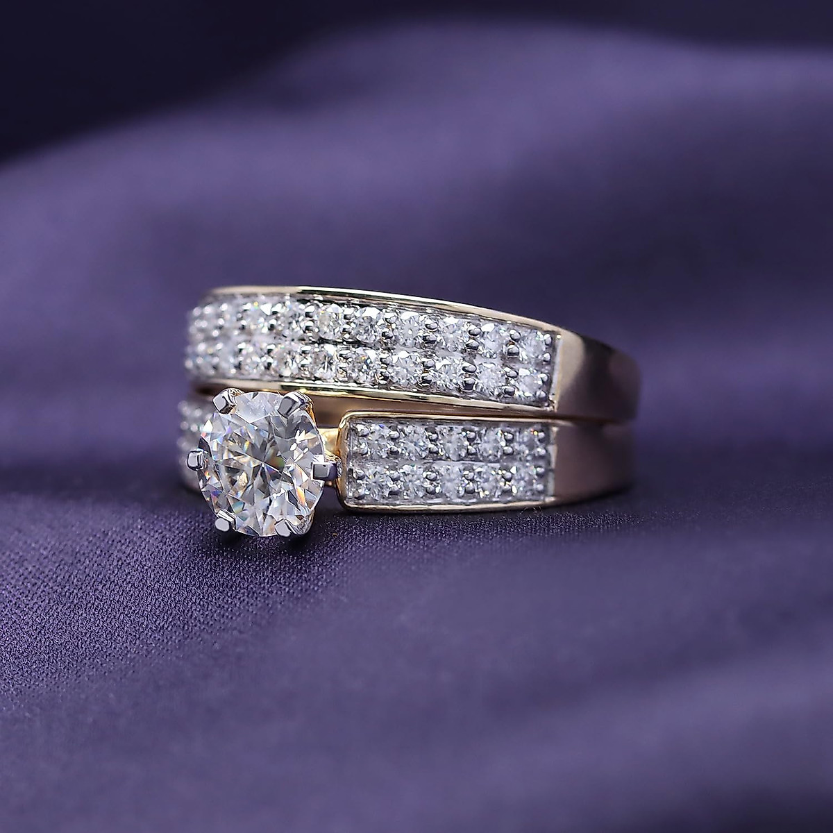 SAVEARTH DIAMONDS Engagement Ring, 7MM Round Cut Lab Created Moissanite Rings, 14K Yellow Gold Plated 925 Sterling Silver Bridal Set Rings for Women (VVS1 Clarity 1.75 Cttw)-8