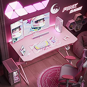 CubiCubi Simple Gaming Desk Z Shaped 40 inch Gamer Workstation, Home Computer Carbon Fiber Surface Gaming Desk PC Table with Headphone Hook, Pink