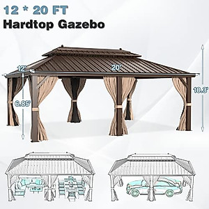 MELLCOM 12' x 20' Hardtop Gazebo,Galvanized Steel Metal Double Roof Aluminum Gazebo with Curtain and Netting,Brown Permanent Pavilion Frame for Patio, Lawn & Garden