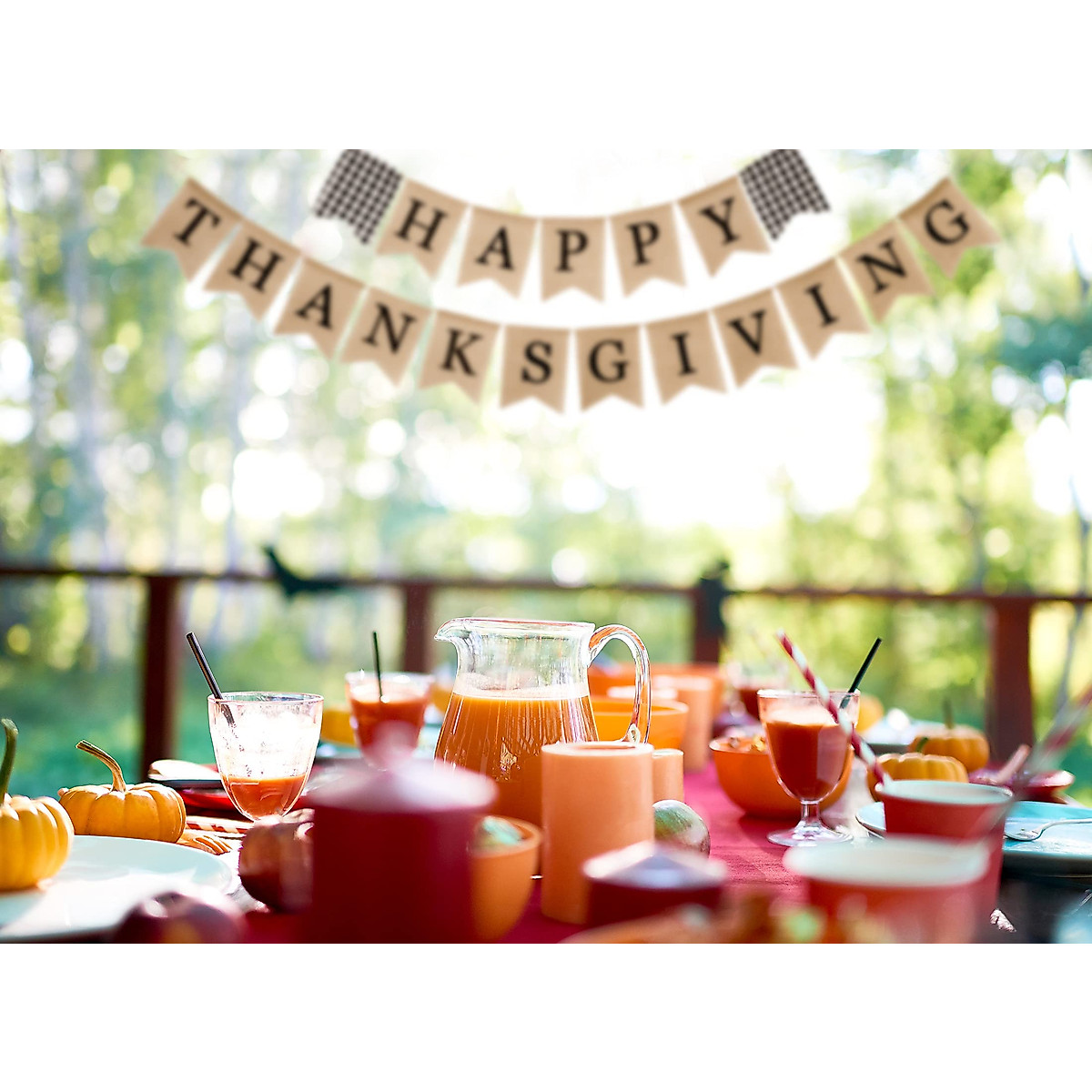 Whaline Happy Thanksgiving Banner Rustic Thanksgiving Bunting Banner White Black Buffalo Plaid Thanksgiving Hanging Decoration Supplies for Farmhouse Home Party Mantle Fireplace Wall Window