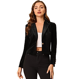 Allegra K Women's 1 Button Velvet Blazer Lapel Business Office Christmas Crop Suit Jacket Small Black