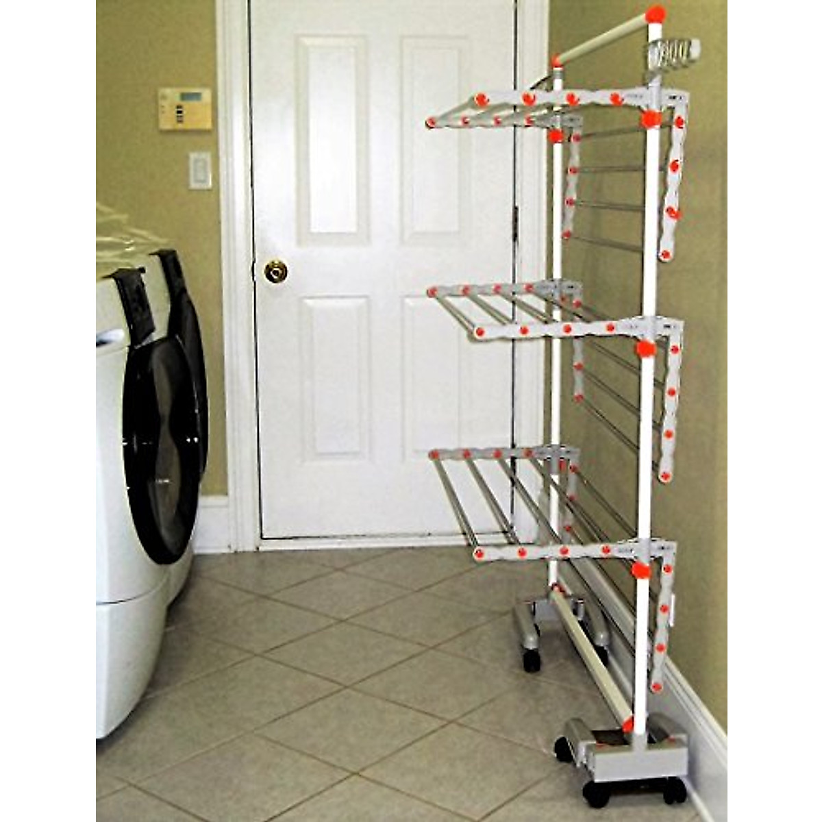 idee BDP-V23 Foldable Rolling 3-Tier Clothes Laundry Drying Rack with Stainless Steel Hanging Rods, Collapsible Shelves and Base for Easy Storage, Made-in-Korea, Premium Size, Orange