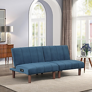 JUBILOOM Comfy Small Mini Couch, Recliner Futon, Armless Mini Sofa with Adjustable Backrest& 3 USB Port, Single Sofa Couches for Small Spaces, Living Room Office, Blue Velvet, 305BL1USB