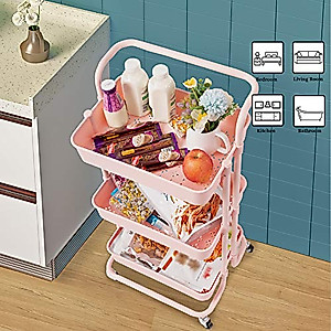 danpinera 3 Tier Rolling Utility Cart with Hooks & Handle Storage Organization Shelves for Kitchen, Bathroom, Office, Library, Coffee Bar Trolley Service Cart, Pink
