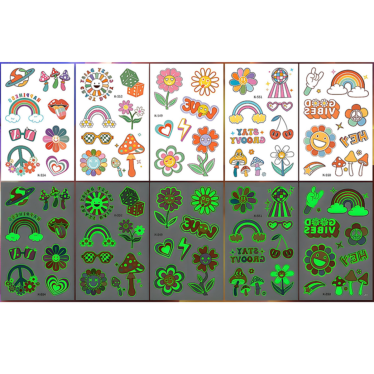 Finduat Glow In The Dark Groovy 70s Temporary Tattoos Stickers Kids Waterproof Luminous Tattoo Stickers Hippie Theme Birthday Party Supplies, Good Vibes Only Favors, Rainbow Arts and Crafts