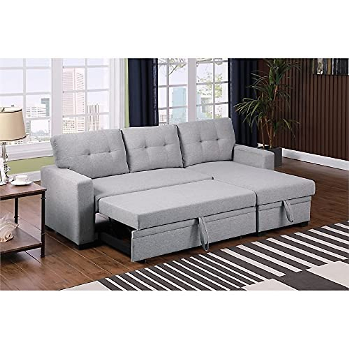 Devion Furniture Contemporary Reversible Sectional Sleeper Sectional Sofa with Storage Chaise in Light Gray Fabric