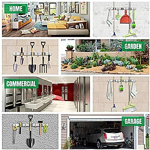1 Pack Broom Mop Holder Wall Mount Garage Organization Wall Organizer Storage Broom Closet Kitchen Organization Heavy Duty Garage Tools Hanger with 3 Racks 4 Hooks for Garden Laundry Room (Green)