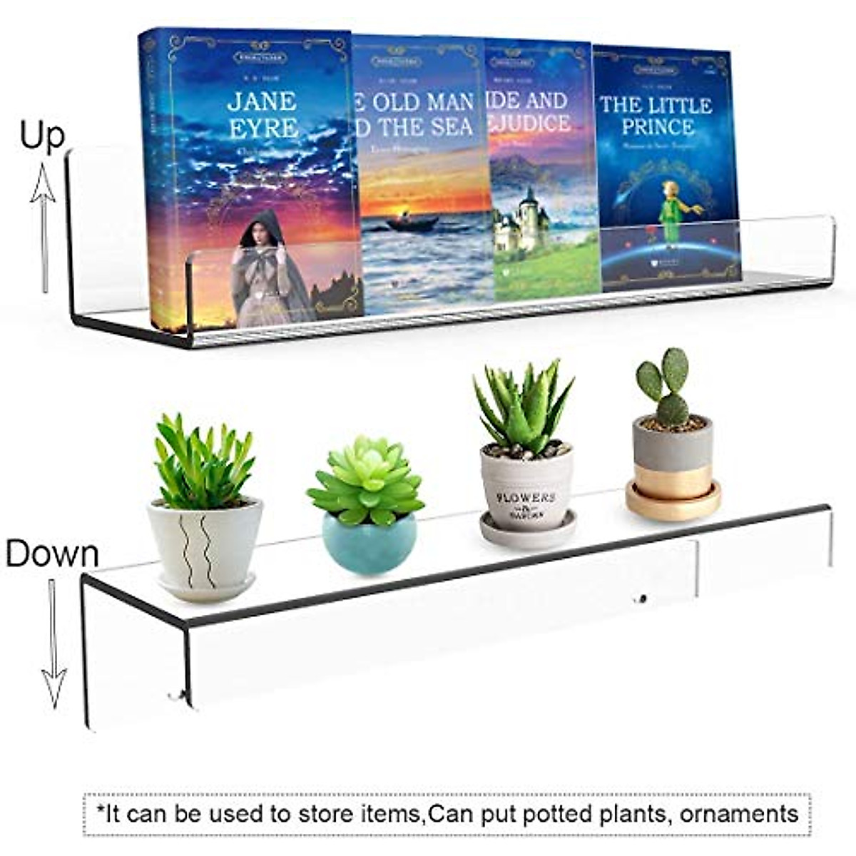 15 inch Clear Acrylic Floating Wall Ledge Shelf Display,4pcs Wall Mounted Nursery Kids Bookshelf Invisible Spice Rack, Bathroom Storage Shelves Display for Bedroom Office Toy Picture Ledge, 5MM Thick