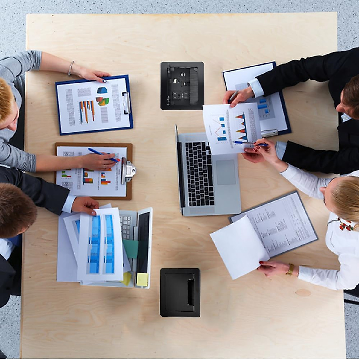 Tabletop Brush Flip Connectivity Box with 2 AC Power + 2 USB Charger + HDMI + 1 3.5mm Audio + USB-C Data + RJ45(cat6) for Conference Room (Black)