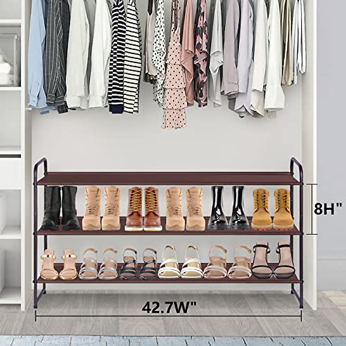 AOODA 3-Tier Long Shoe Rack for Closet Stackable Wide Shoe Shelf, 4 Tier Long Metal Shoe Organizer for Closet, 2 Item Bundle