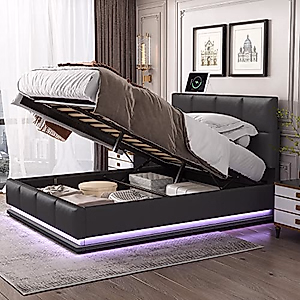 Tufted PU Upholstered Platform Bed with LED Lights and Build-in USB Charger, Queen Upholstered Bed Frame with Hydraulic Storage System, for Kid's Bedroom Furniture (Black Upholstered Platform Bed)