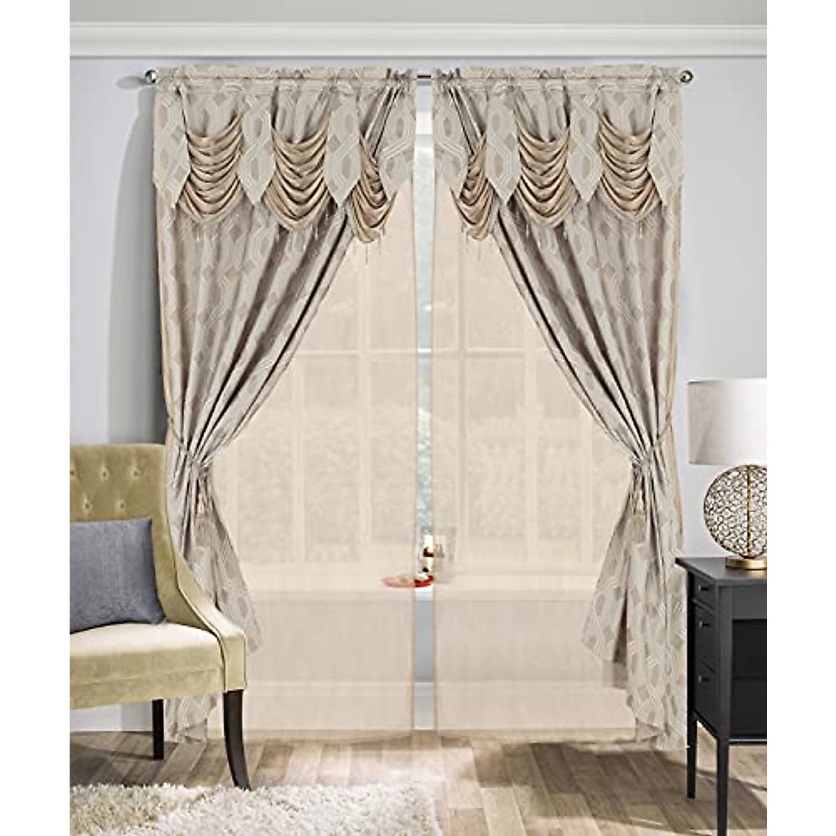 Glory Rugs 2pc Curtain Set with Panel Attached Valance and Backing 55"X84" Each Ragad Collection