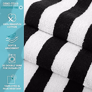 Arkwright California Cabana Stripe Beach Towel - Pack of 4 - Large Soft Quick Dry Cotton Terry Towels Set for Pool, Swim, and Hot Tub, Oversized 30 x 70 in, Black