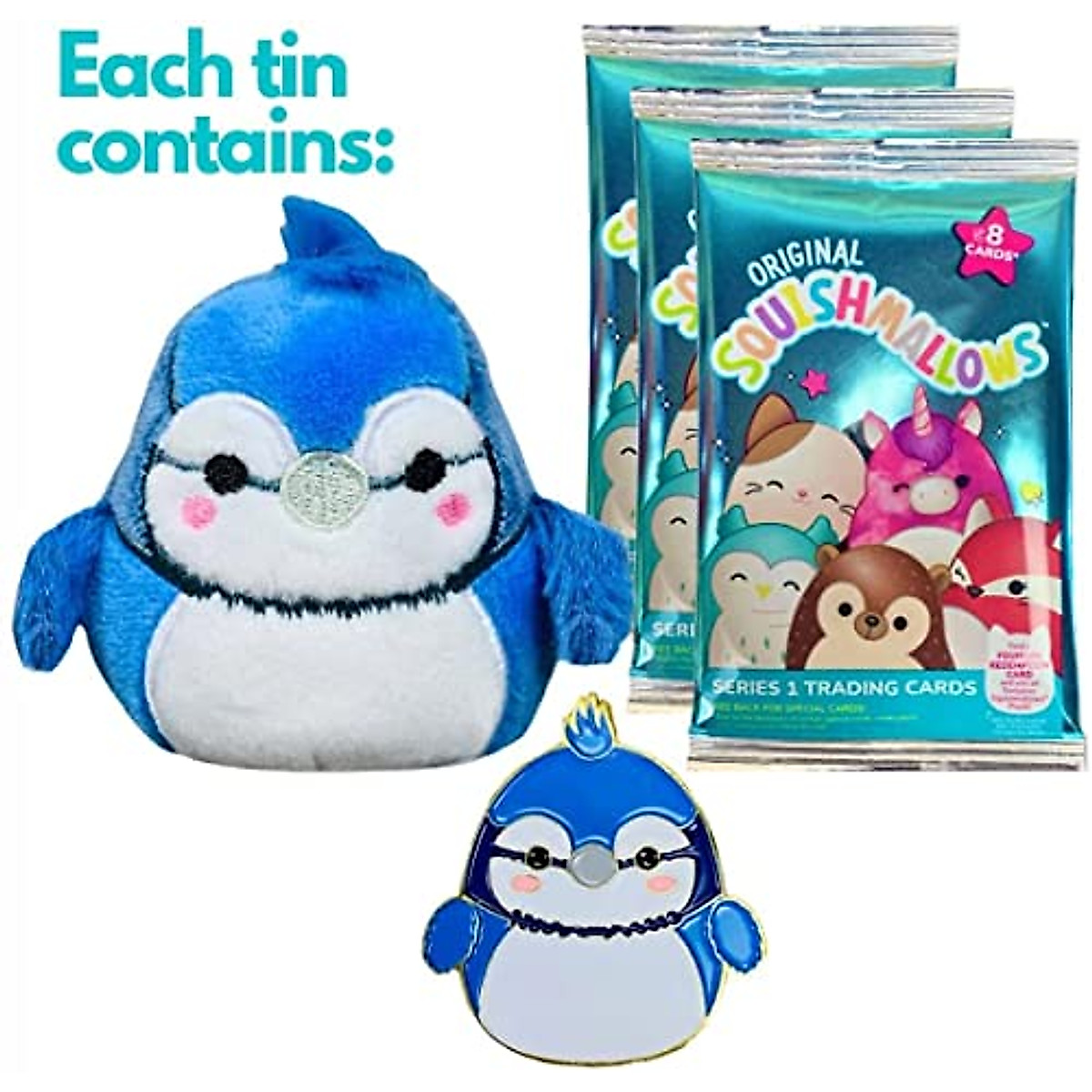 Squishmallows Official Kellytoy Collector's Tin Set with Micromallow Exclusive Pin and Trading Cads Choose Your Favorite or Collect Them All (Babs The Blue Jay)