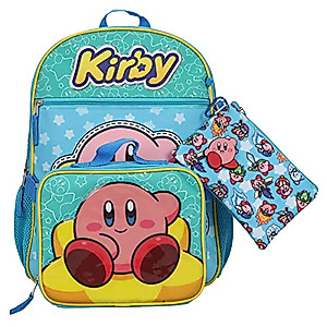 Bioworld Kirby 5-Piece Set: 16" Backpack, Lunchbox, Utility Case, Rubber Keychain, and Carabiner