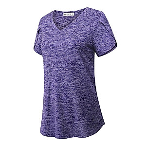 MISS FORTUNE Womens V-Neck Short Sleeve Activewear T-Shirt Petal Sleeve Casual Athletic Moisture Wicking Fitness Tops Purple XL