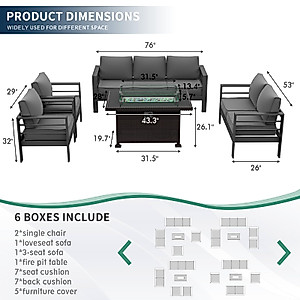 Amopatio Patio Furniture Set with Fire Pit Table, 8 Pcs Aluminum Outdoor Sectional Metal Modern Patio Sofa Sets, 44" Gas Fire Pit Conversation Set for Yard, Dark Grey(Included Waterproof Covers)