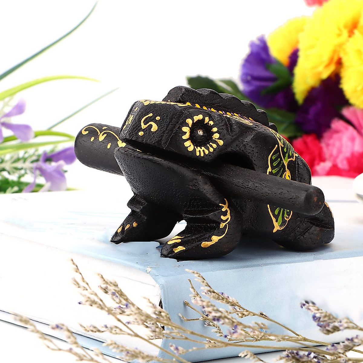 Animal Carved Croaking Craft Wooden Frog Percussion Musical Instrument, Wooden Percussion Desk Accessories of Frog Noise Maker for Cool Music Gifts Elderly and Kids, Black