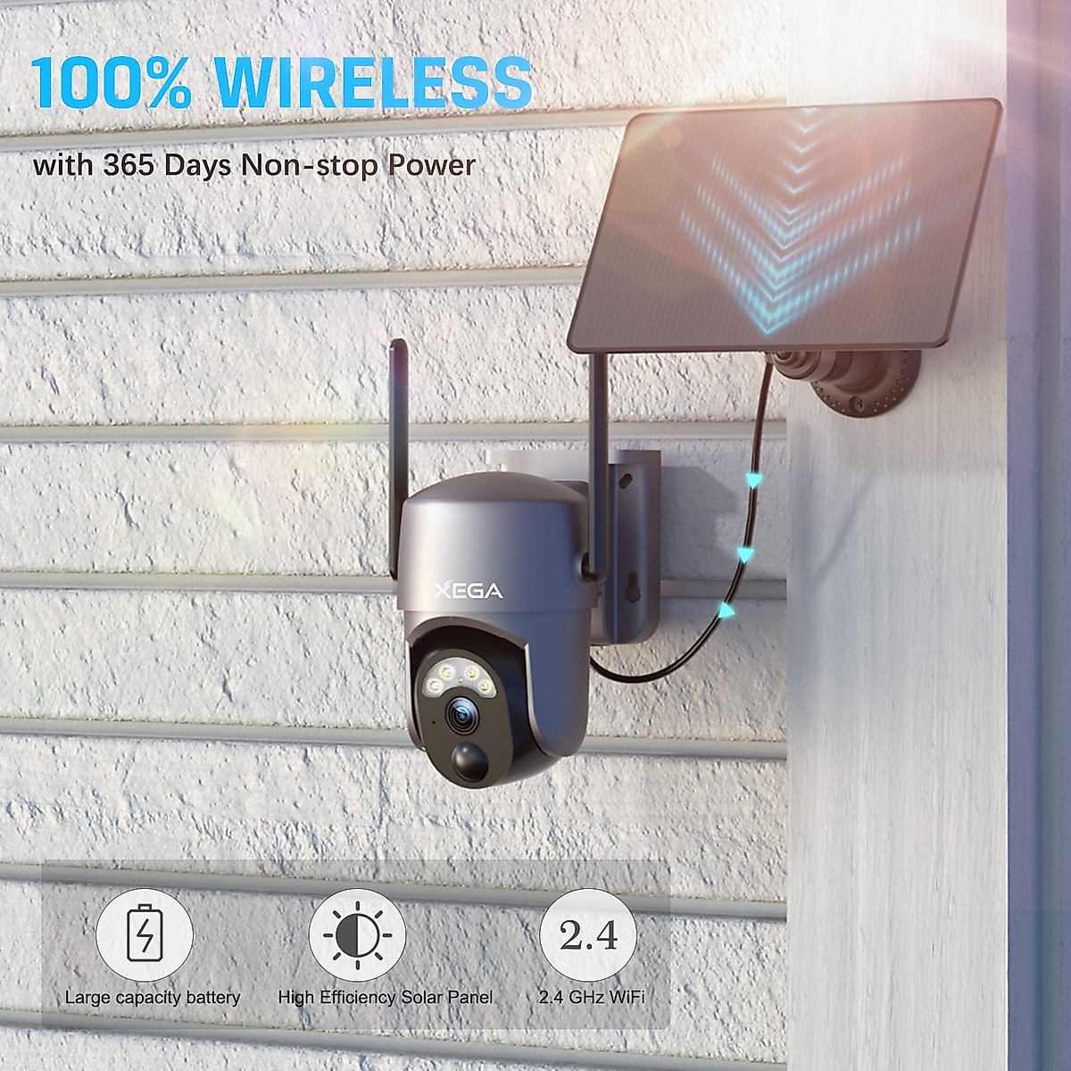 Xega 2 Pack Security Camera Wireless Outdoor 2K 360° PTZ Camera Solar Security Cameras for Home Surveillance 2.4G WiFi Spotlight & Siren Color Night Vision PIR Motion Detection 2-Way Talk IP66