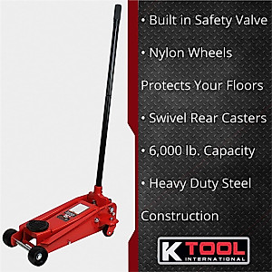 K Tool International 63131B 3 Ton Automotive Service Floor Jack for Garages, Repair Shops, and DIY, Portable, Compact, 6,000 lbs. Capacity, Hydraulic Lifting Range 5.5" - 8.75", Heavy Duty Steel, Red