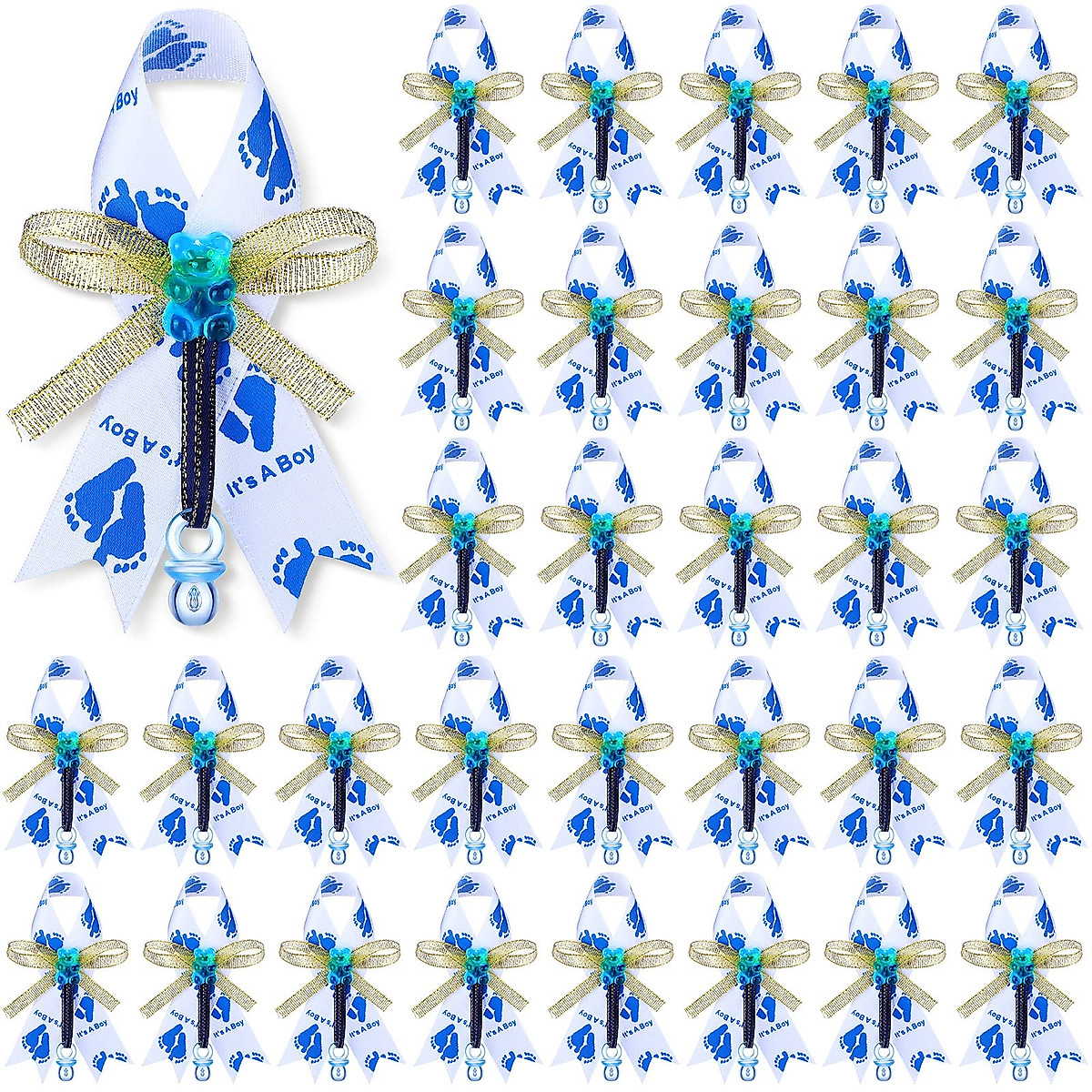 50 Pcs Baby Shower Bowknot Brooch Pins Baby Shower Gifts It's a Boy Ribbon Brooch with Blue Pacifier and Bear for Gender Reveal Party Decorations Baby Shower Party Favors