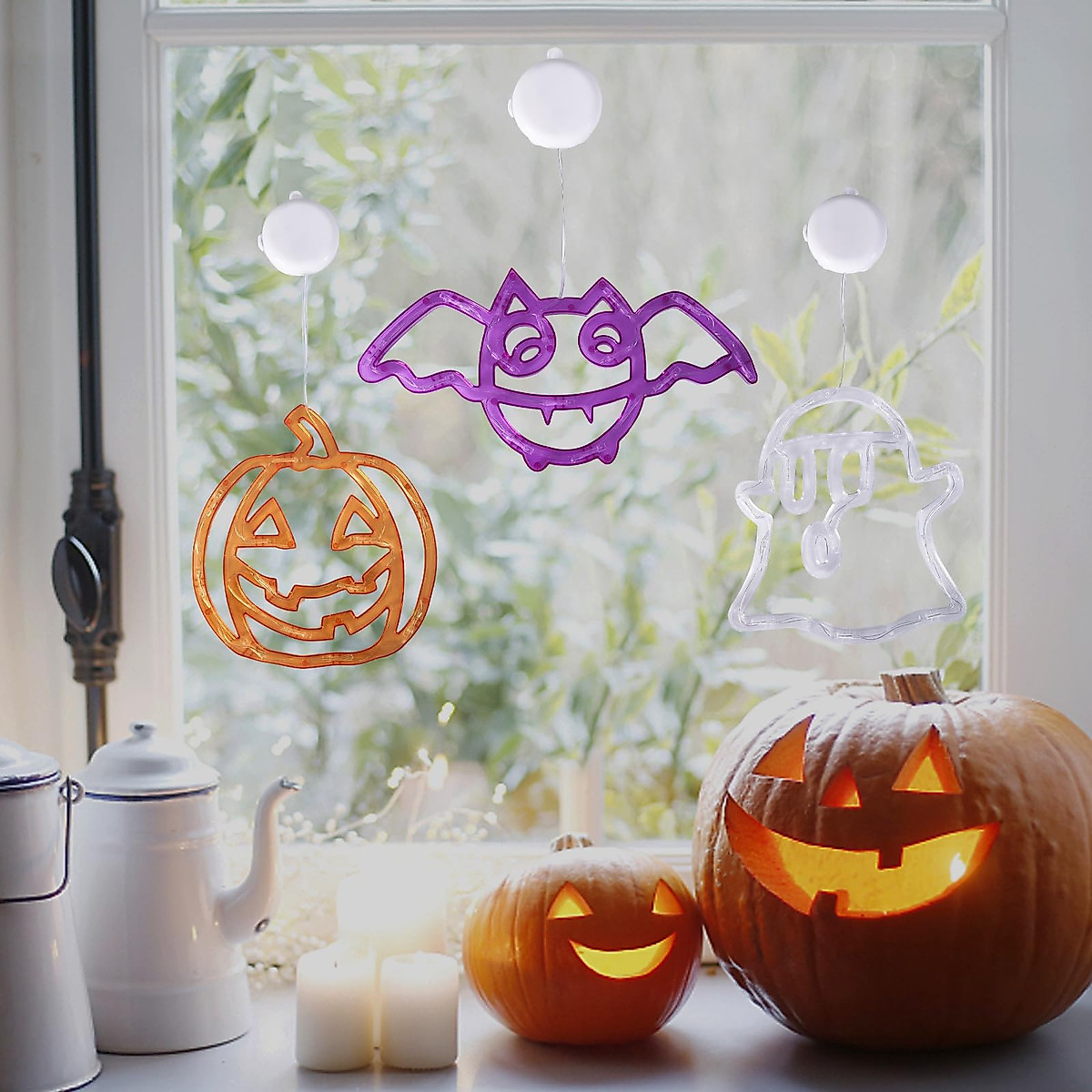 PISKEKAT Halloween Decorations, 3 Pack Orange Pumpkin, White Ghost, Purple Bat Halloween Window Lights with Suction Cup & Hooks, Battery Operated Indoor Lights for Halloween Window Decorations
