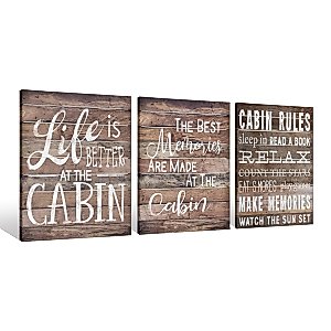 Cabin Rules Life Is Better At The Cabin Canvas Wall Art Prints Artwork Signs Framed for Cabin Front Porch Wall Decor Home Decor,11 X 14 inch Set Of 3,Housewarming Gift,Lake Cabin Canvas Wall Decor