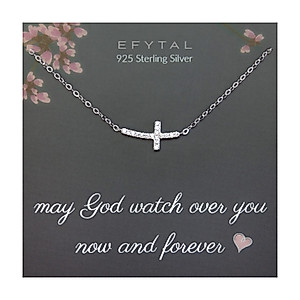 EFYTAL Dainty Sterling Silver Sideways Cross Necklace for Women, Baptism Gifts for women, Confirmation Gifts for Teen, First Communion Gifts, Christian Jewelry, Catholic Gifts for Women