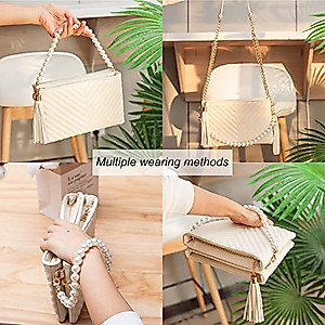 Hupifaz Quilted Crossbody Bag - Double Pouch Clutch Purses for Women, Formal Evening Clutch, Large Wristlet Bag with Pearls (Beige)