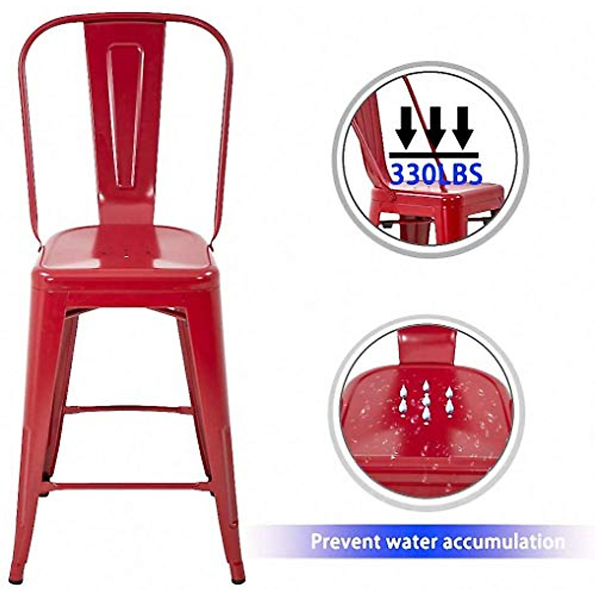 24 Inch Metal Bar Stools with Back Counter Height Bar Stools, Metal Chairs Set of 4 Indoor Outdoor Stackable Kitchen Stools Dining Chair Metal Restaurant Chair, Red