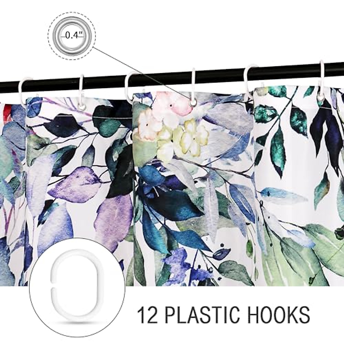 Gibelle Spring Floral Shower Curtain for Bathroom, Watercolor Green Eucalyptus Leaves Plant Shower Curtain Set with Hooks, Washable Polyester Fabric 72x72 Inch