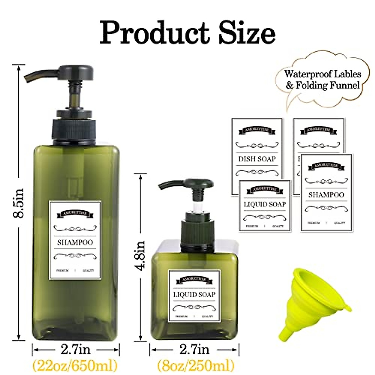 Amorettise 6 Pack Shampoo and Conditioner Dispenser Bottles, 4 Pack 22 Oz & 2 Pack 8 Oz Refillable Square Plastic Pump Bottles for Dispensing Lotions, Shampoo, Conditioner, Body Wash (Green)
