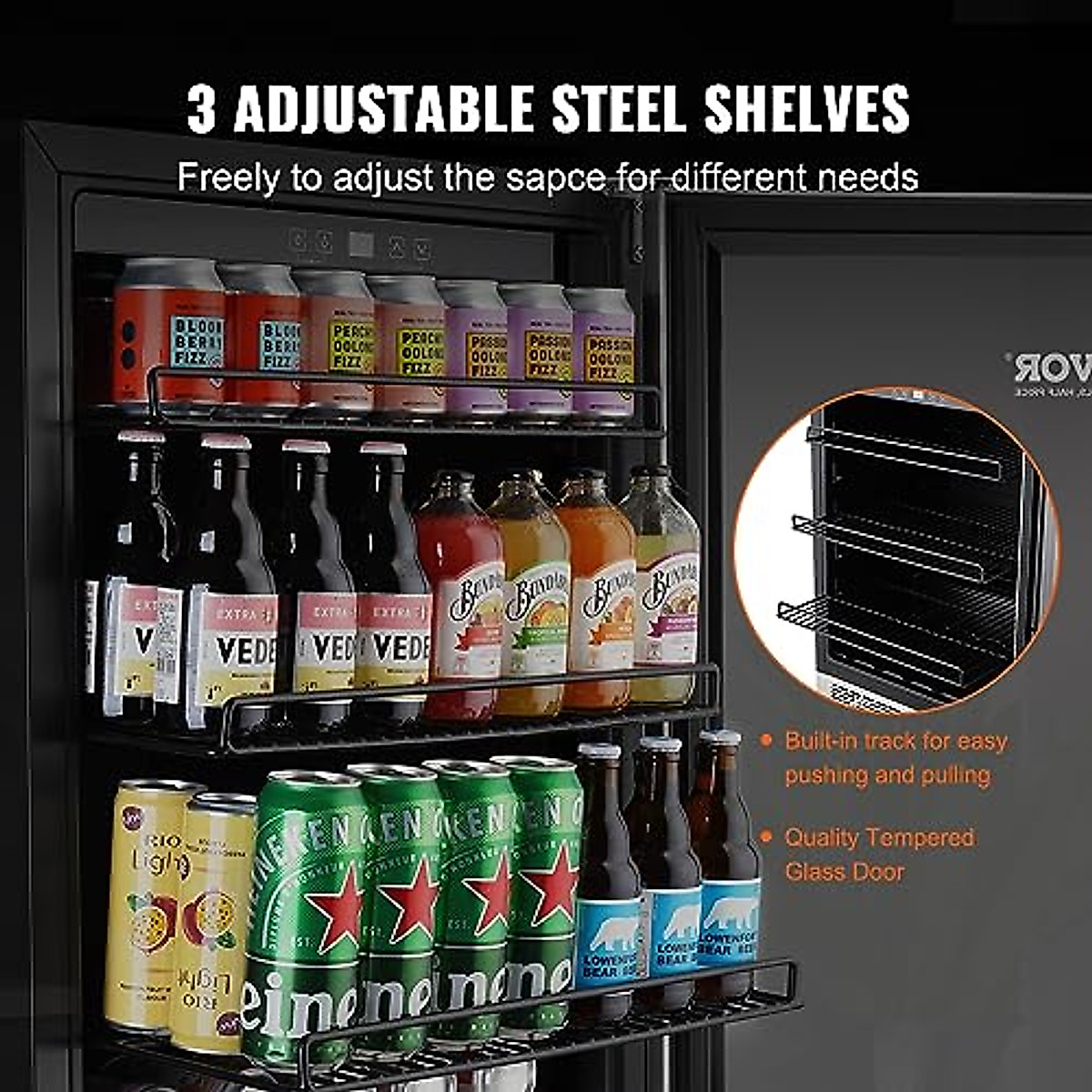 VEVOR Cooler 154 Cans Capacity Refrigerator Under Counter Built-in or Freestanding Beverage Fridge with Blue LED Light, Tempered Glass Door, Child Lock for Drink Soda Wine, Silver