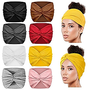 Allucho Wide Headbands for Women, 7'' Extra Large Hair Bands Twist Knotted Boho Stretchy Head Wraps for Girls Headband Turban Yoga Workout Vintage Hair Accessories, Solid Color, 8Pcs