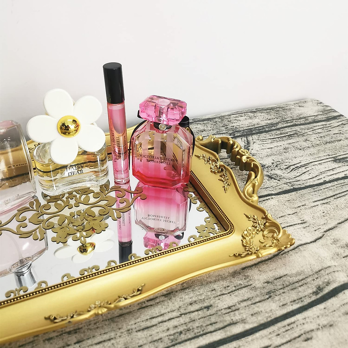 Hamphinee Rectangle Antique Decorative Mirror Tray, Perfume Organizer, Jewelry Dresser Organizer Tray & Display, Makeup Organizer Vanity Tray, Serving Tray, 9.3"x14.9", Gold