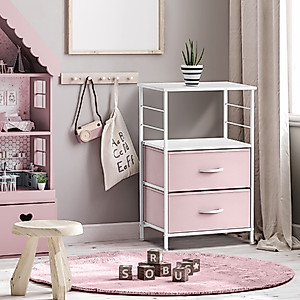Sorbus 2 Drawer Shelf Storage Nightstand - Kids Bedside Furniture End Table Night Stand with Steel Frame Wood Top & Easy Pull Fabric Bins, Dresser & Chest for Home Bedroom Accessories Office & College