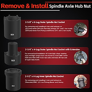 Spindle Nut Socket Tool Kit 5 Pcs Axle Hub Lock Nut Socket Set 1/2” Drive Wheel Drive Spindle Nut Remover Installer for Ford Dana 50/60, Chevy, and Dodge, Replace# 648636 Lug Out Spindle Socket Set
