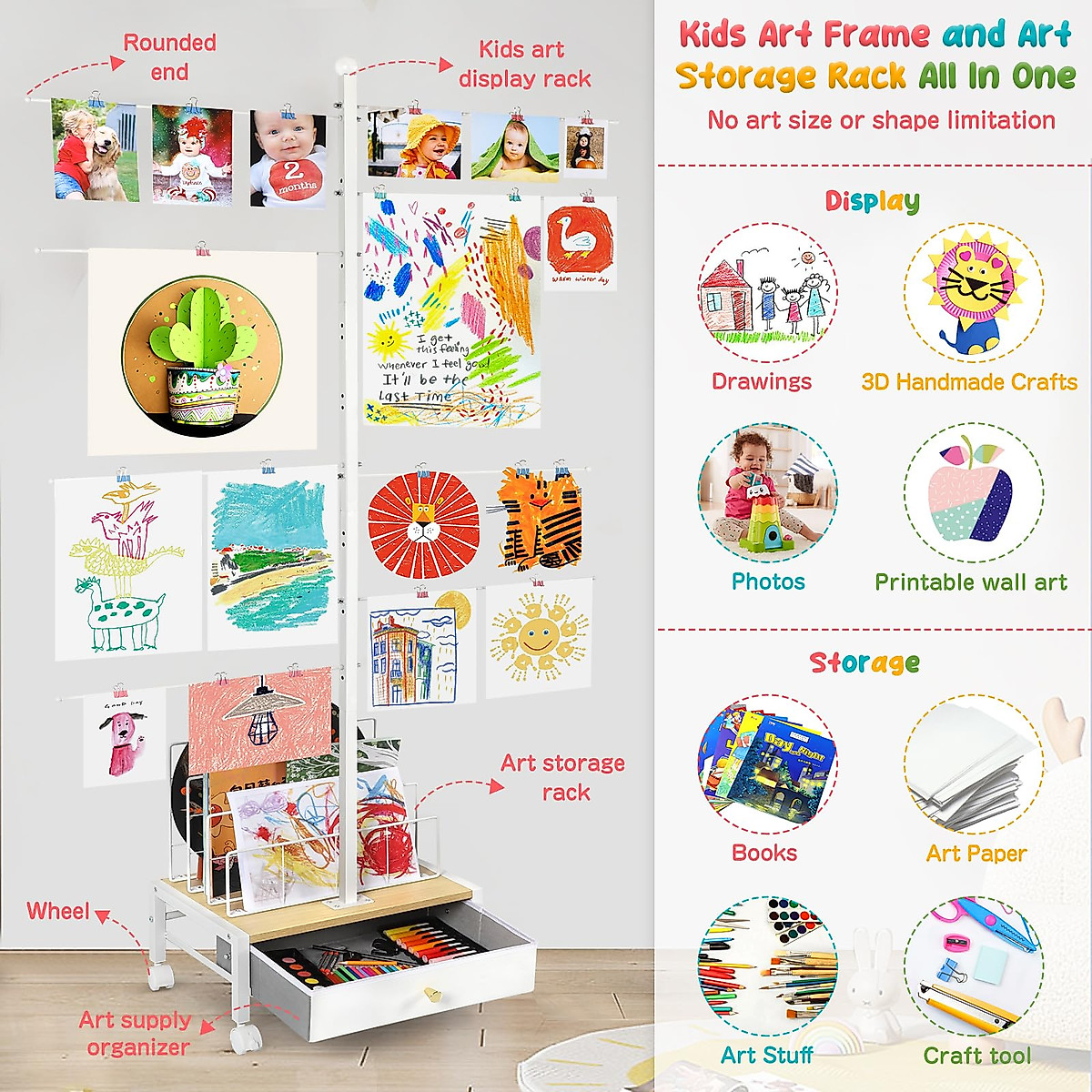 Bikoney Art Display for Kids Artwork-(30 Clips -Total 12ft Wire)-Kids Art Display-Art Drying Rack-Floor Picture Hanging System Kit for Drawing/Photo/Card/Picture Collage Display