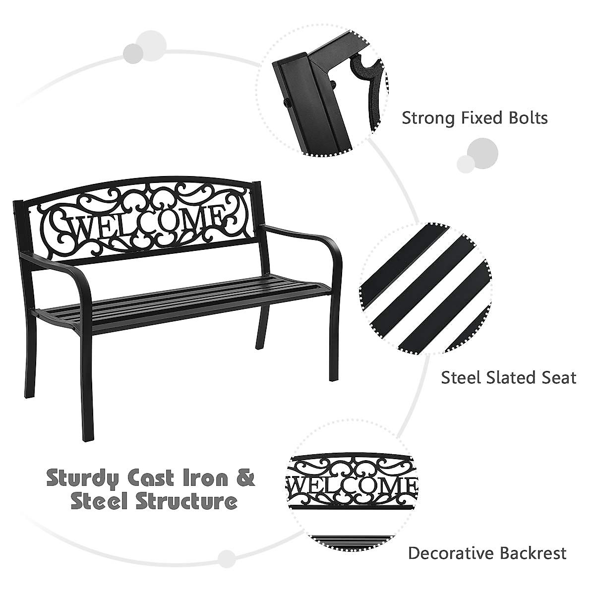 Giantex Garden Bench, Antique Metal Outside Bench w/Warm Welcome Pattern, Elegant Bronze Finish and Durable Iron Frame for Park Yard Porch Chair (Black)