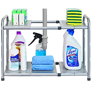 Simple Houseware Under Sink 2 Tier Expandable Heavy Duty Metal Shelf Organizer Rack, Silver (Expand from 15 to 25 inches)